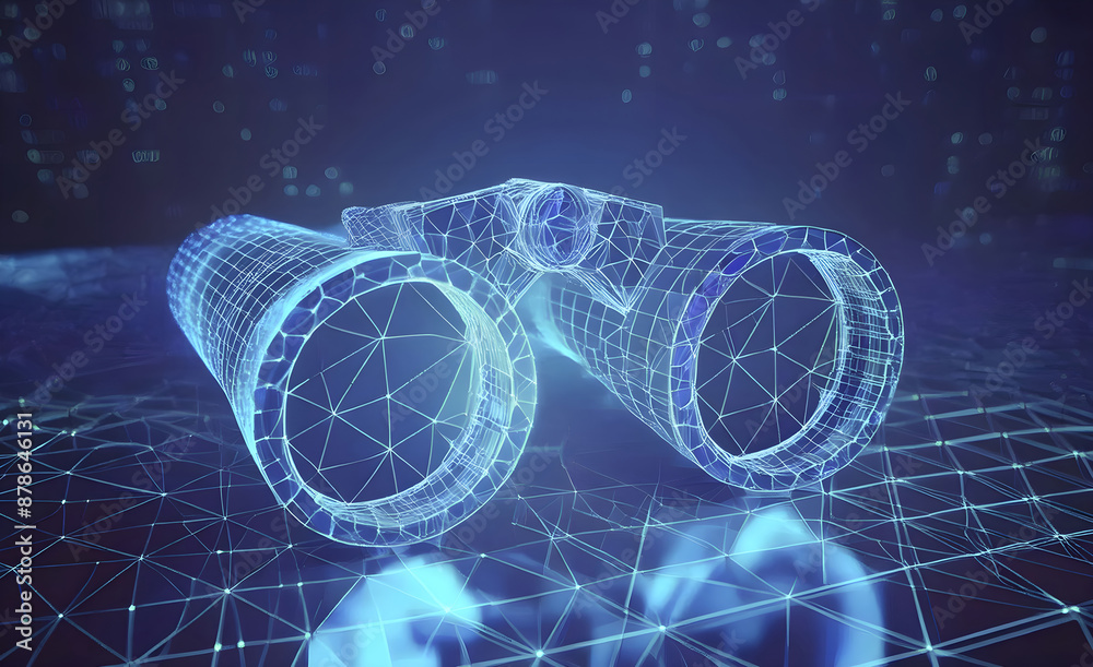 digital blue binocular with data streams, ai in visual recognition ...