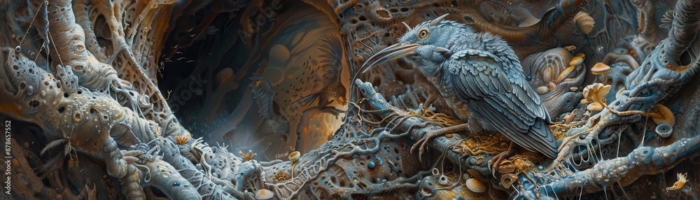 Realistic bird making a nest in a dragon cave mouth, detailed scene ...