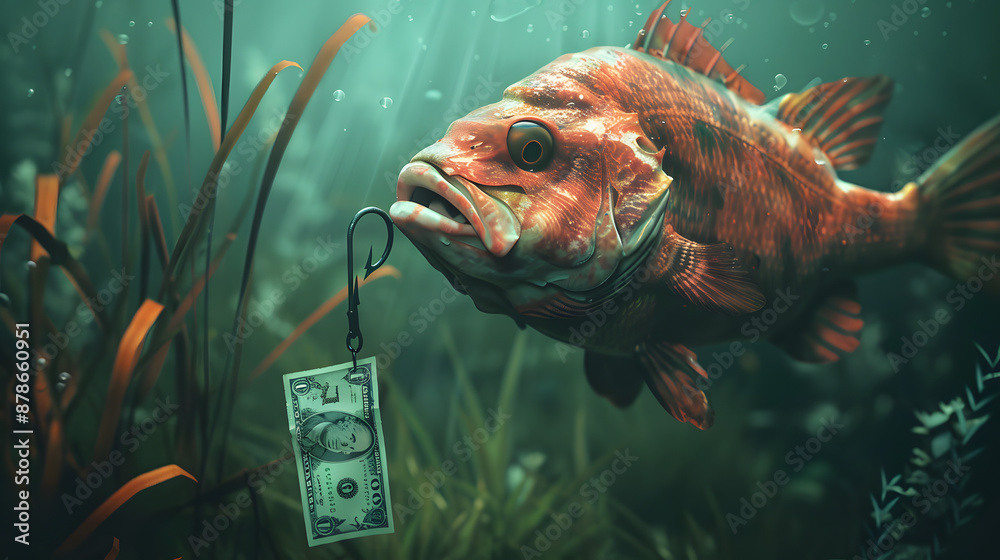 a realistic photo of an underwater fish looking sadly at a hook in ...