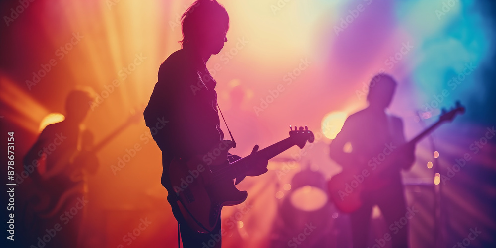Musician playing guitar on stage at a live concert at music festival ...