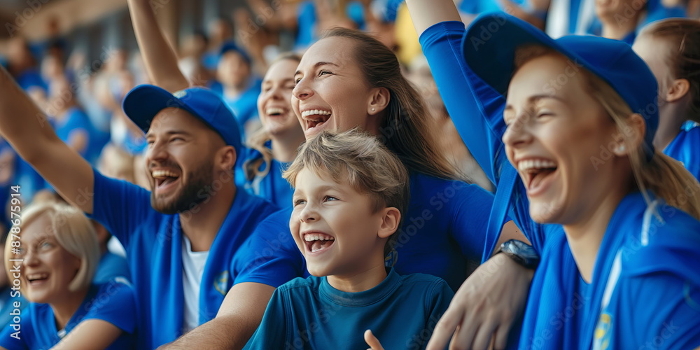 Excited sports fans wearing blue and white clothes celebrating the ...