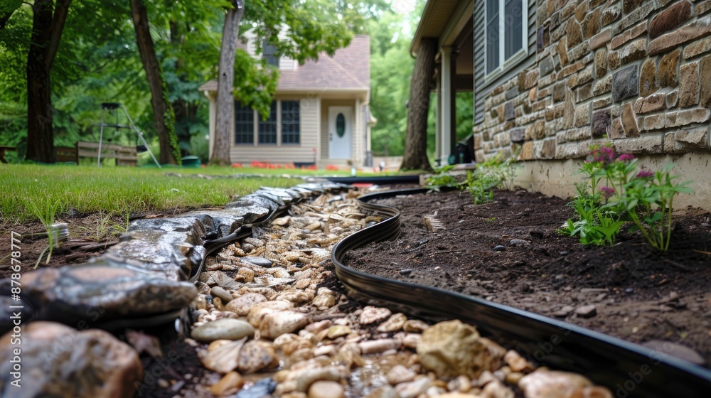 French Drain Installation for Rainwater Drainage Around House Stock ...