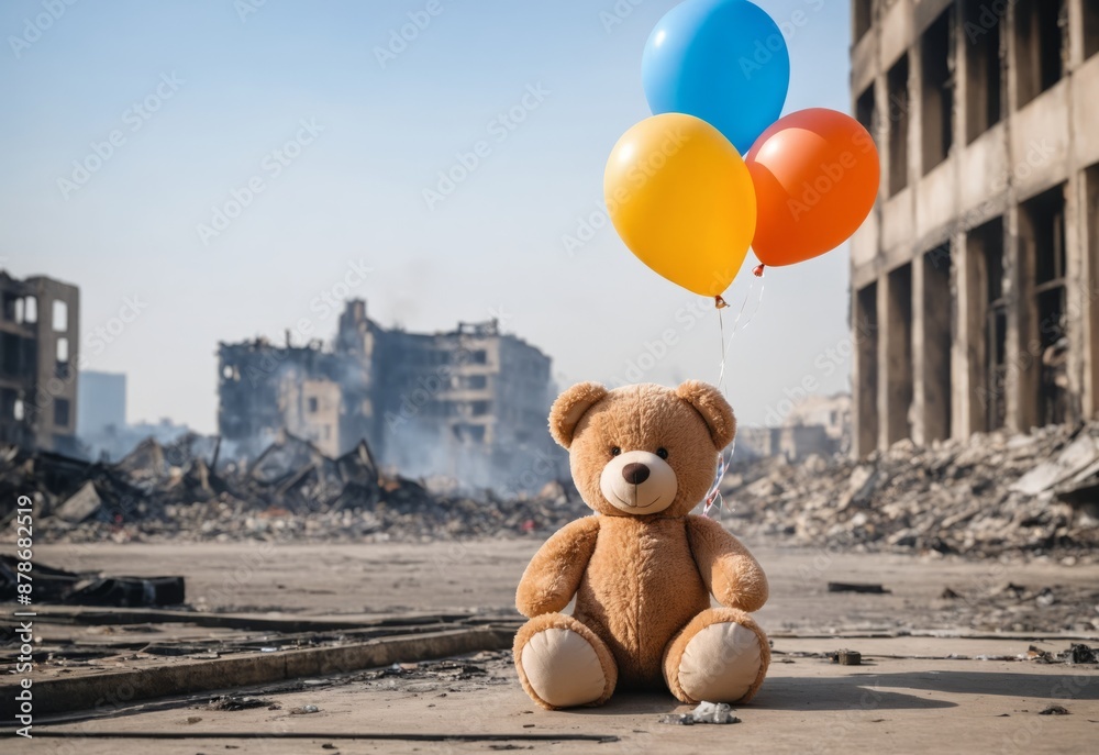 Foto de kids teddy bear toy with balloons over city burned destruction ...