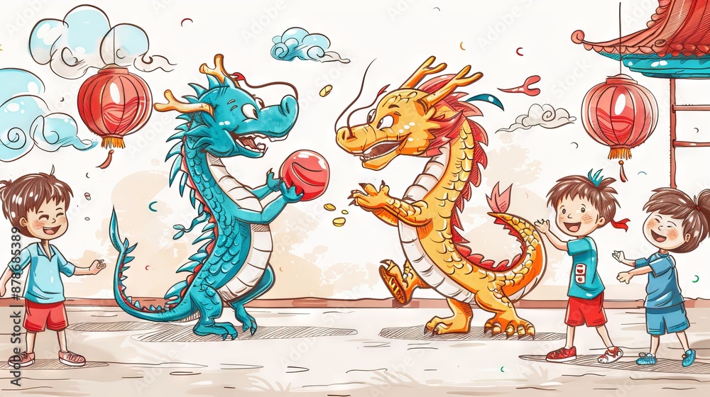 Two children are playing with two dragons. The dragons are playing with ...
