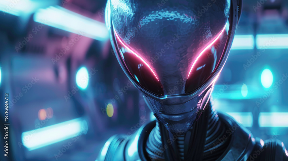 Gray humanoid alien gamer playing online computer video game. Neon ...