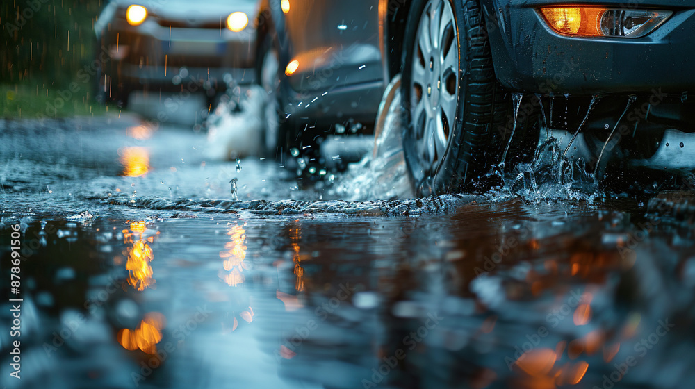 Motion car rain big puddle of water spray from the wheels through flood ...