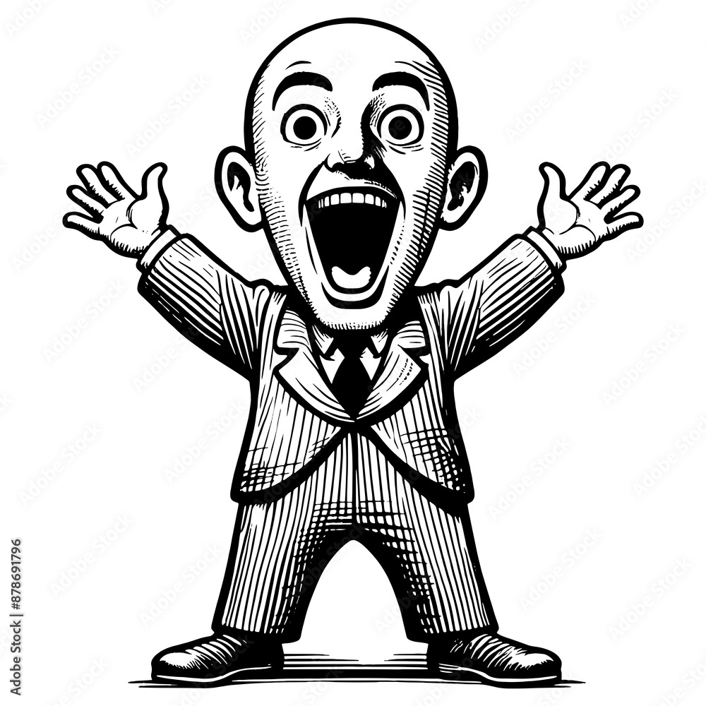 ecstatic bald man in a suit with arms raised and wide open mouth ...