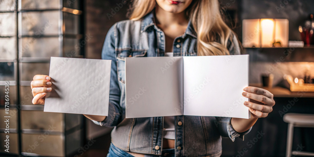 Hand holding blank brochure booklet or book mockup on blue background ...
