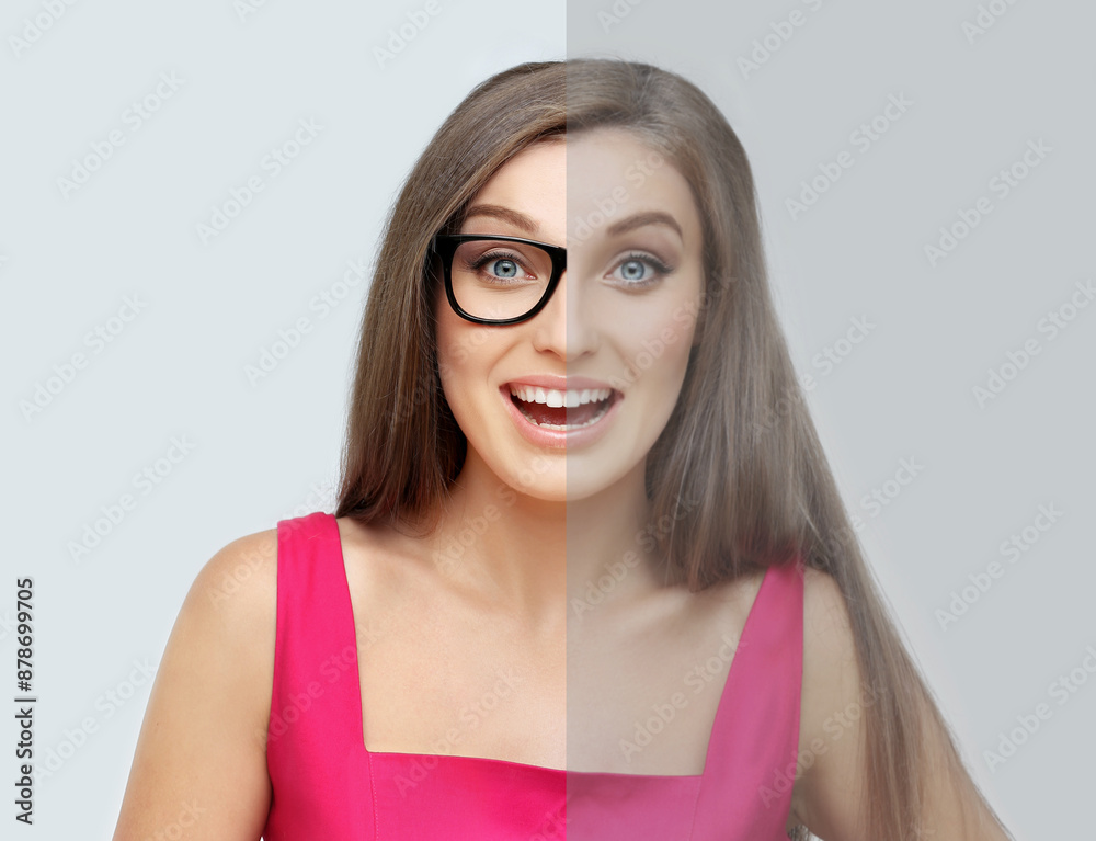 Astigmatism, Hyperopia, and Myopia.Girl wearing black glasses and girl ...