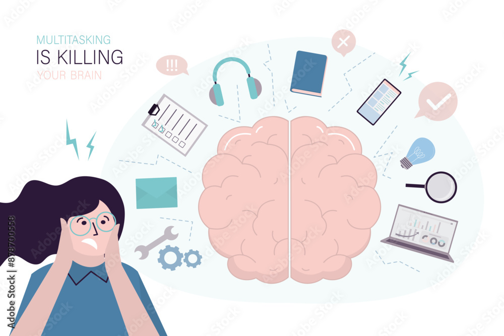 Multitasking is killing your brain. Tired business woman thinking and ...