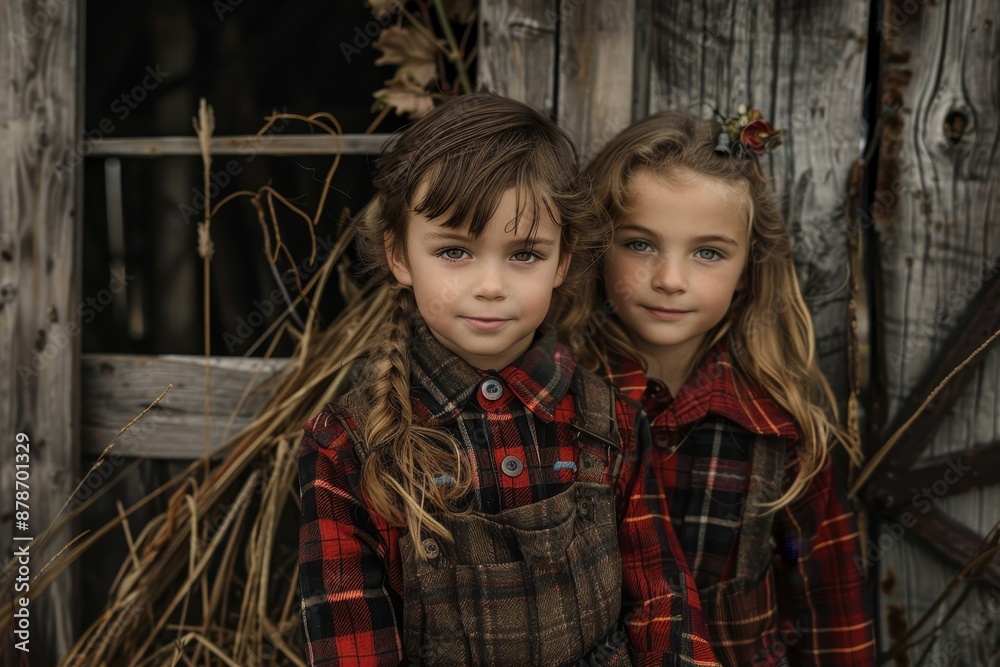 Two girls in matching plaid outfits standing side by side near a rusted ...