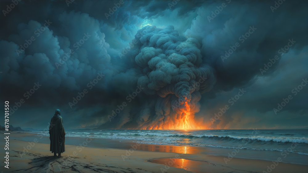 Dark storm clouds and a raging fire in the ocean, mystery surrounds the ...