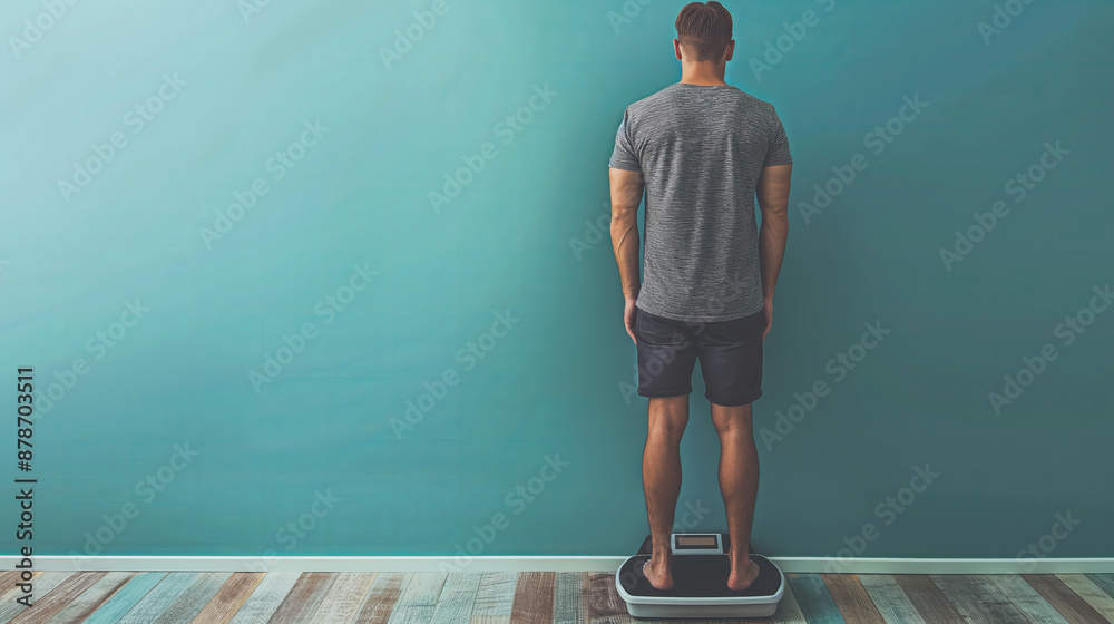 Man Standing on Scale, Back View, Weight Measurement, Blue Background ...