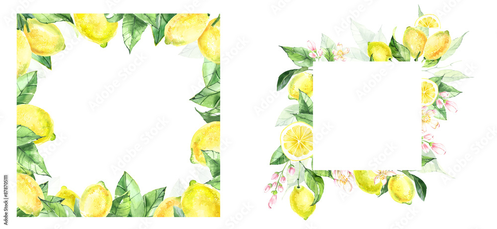 Watercolor yellow lemon fruits, leaves, and flowers. lemon frame ...