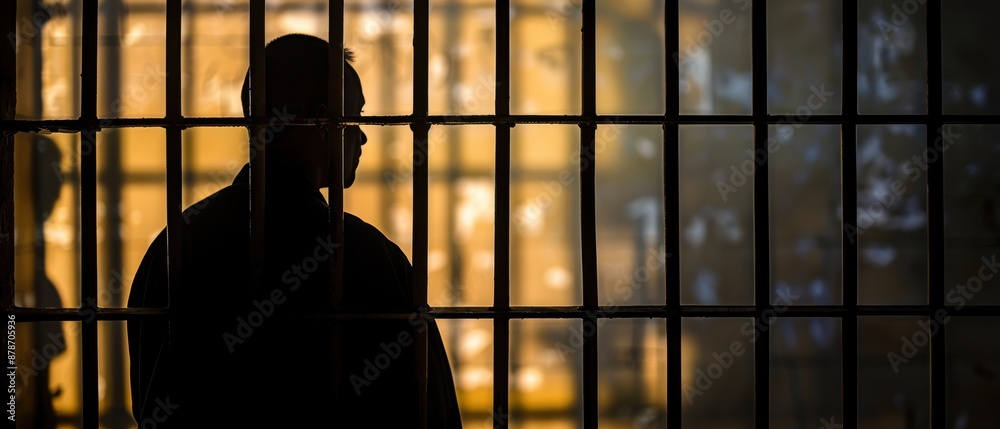 Silhouette of a man behind prison bars, with a warm backlight ...