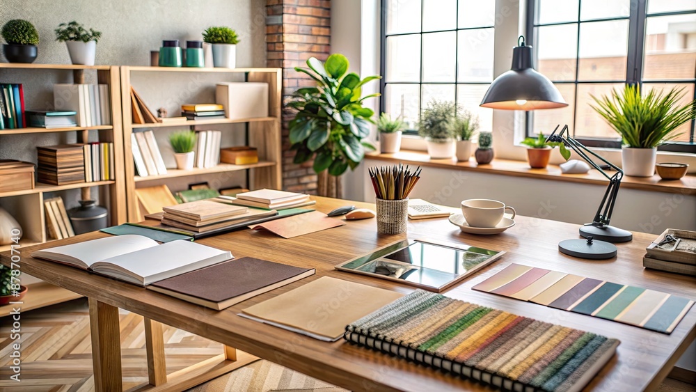 Organized workspace of an interior designer featuring assorted material ...