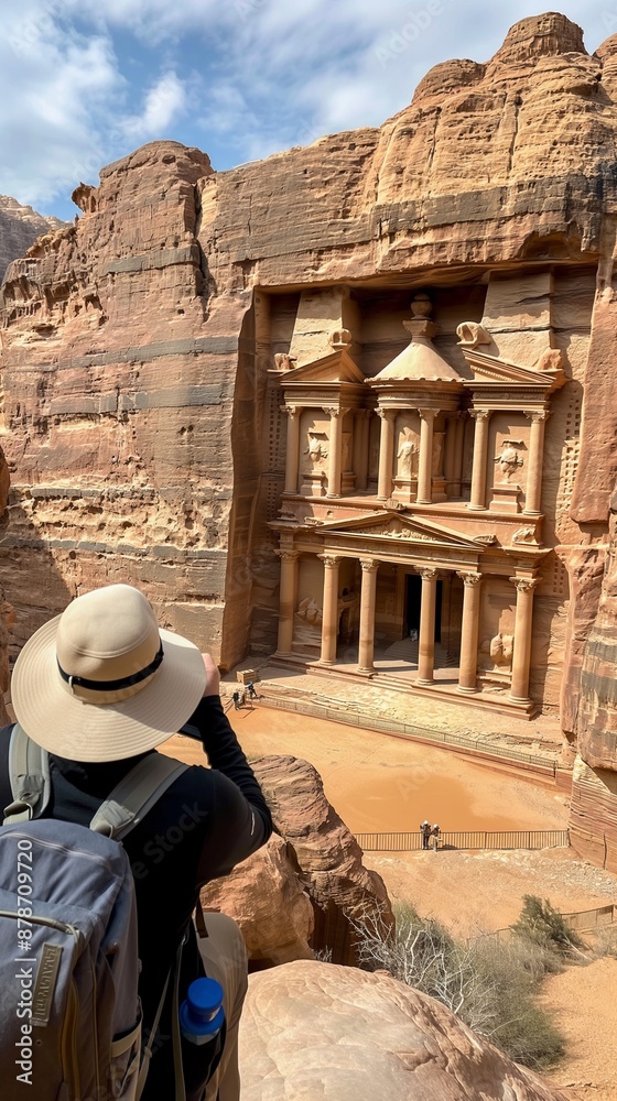 Tourist photographing Petra's iconic rock-cut architecture, capturing ...