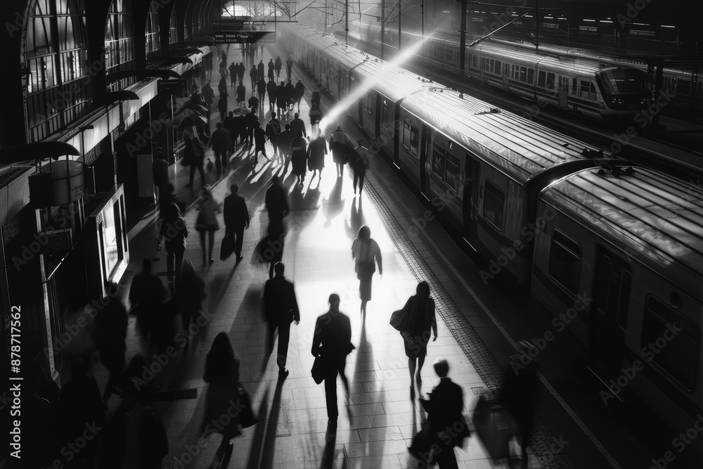 Black and white photo of commuters rushing to catch their trains in a ...