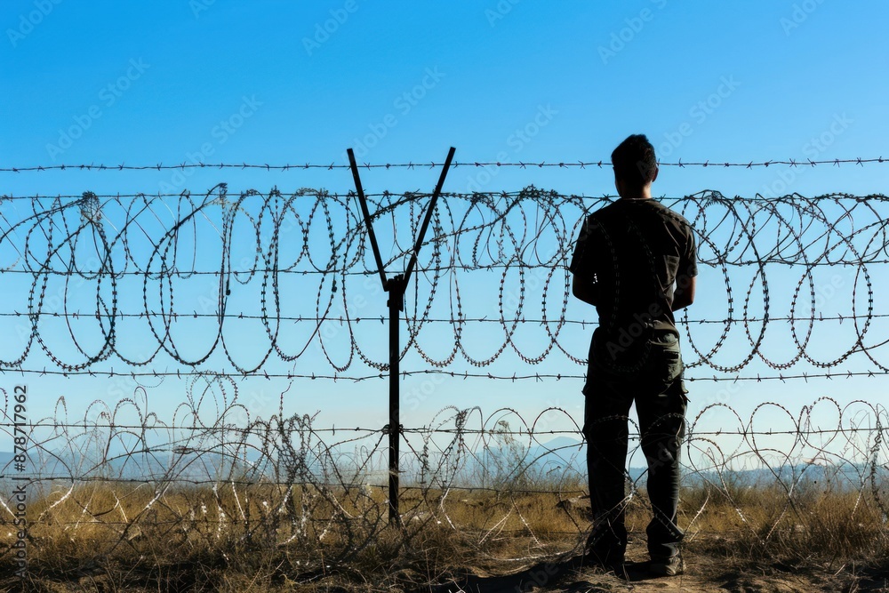 abstract black painted back view person stands facing a tall barbed ...