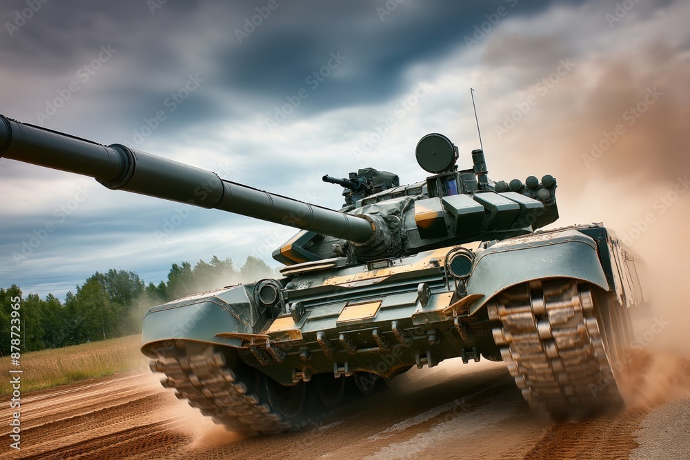 Armored military tank moving through rugged terrain with dust particles ...