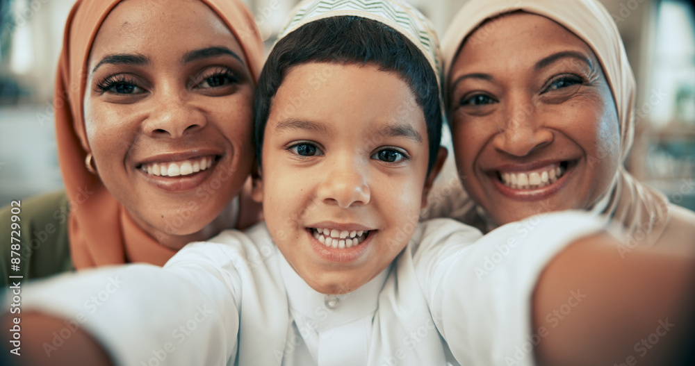 Muslim family, happy and portrait selfie in home, together and bonding ...