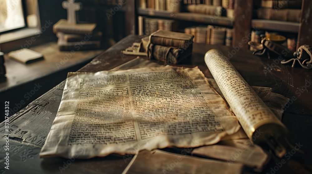 The image shows an ancient Torah text placed on a desk. The text is ...