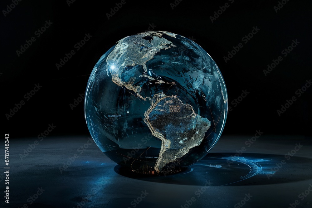 High-resolution image of a globe with transparent continents and a ...