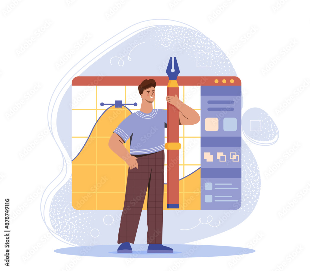 Graphic designer man. Young guy with pencil stands near illustrator ...