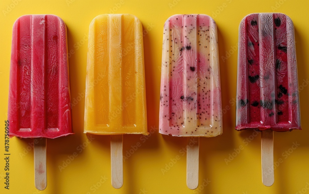 Four different flavors of frozen pops are displayed on a yellow ...