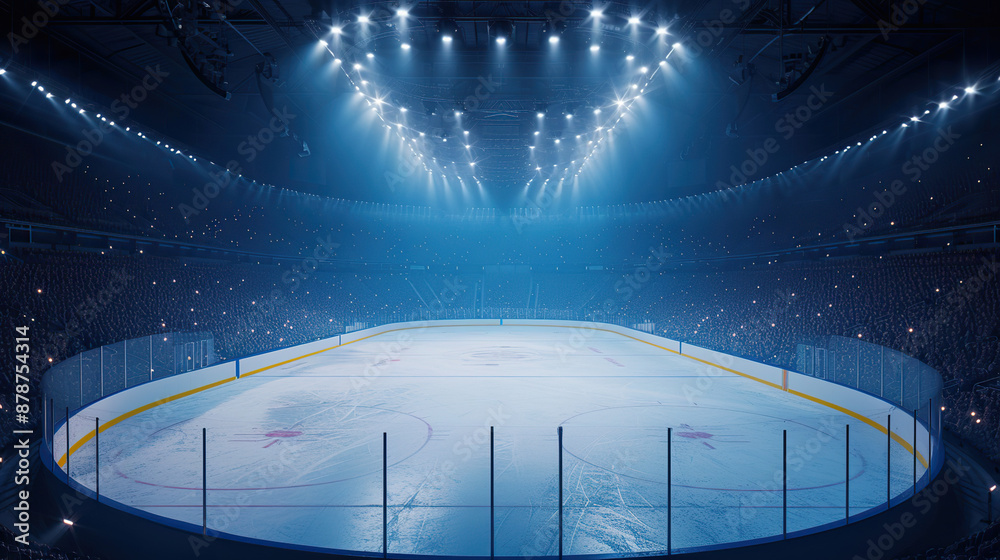 Empty Hockey stadium at night with illuminated field and seating areas ...