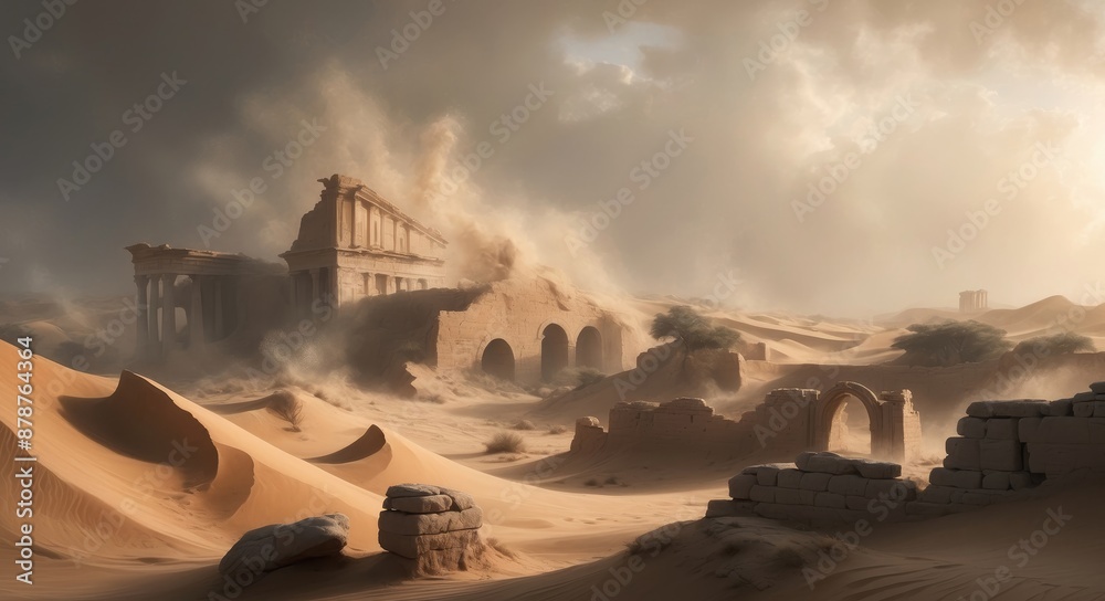 Sand-covered ruins and crumbling walls in a desert landscape with a ...