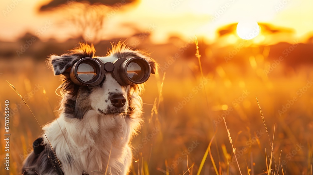 Cute Border Collie dog with binoculars on wildlife safari African ...