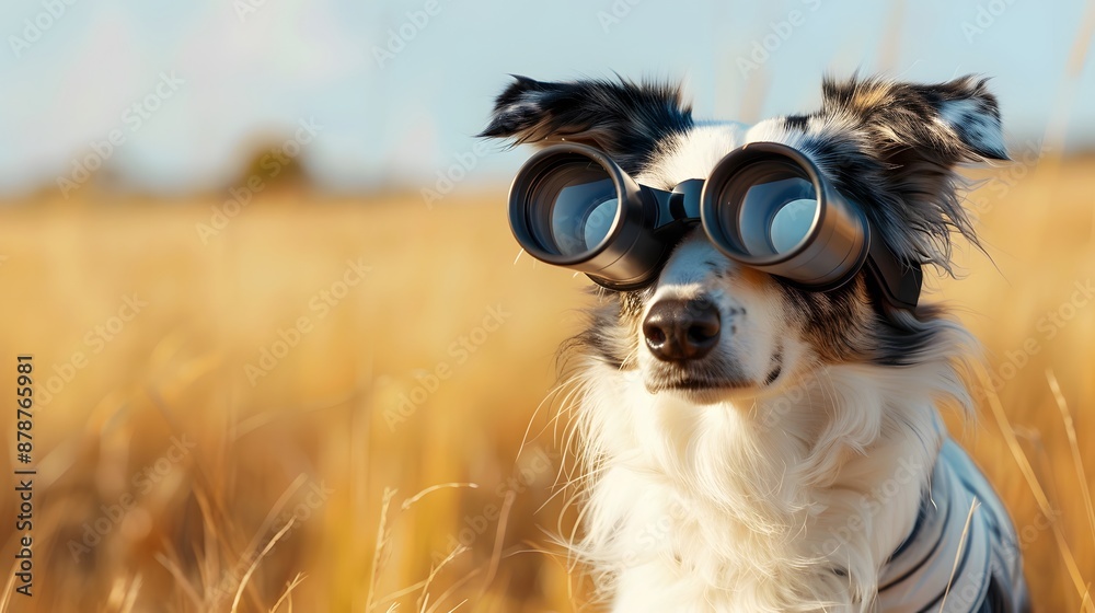 Cute Border Collie dog with binoculars on wildlife safari African ...