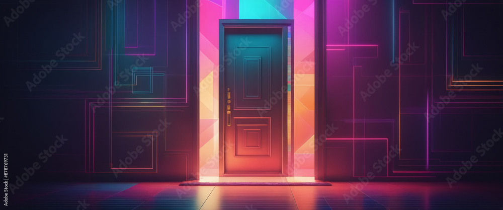 Graphic representation of an entrance door or passageway in neon colors ...