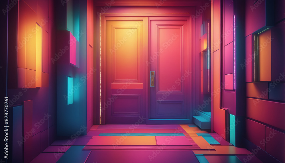 Graphic representation of an entrance door or passageway in neon colors ...