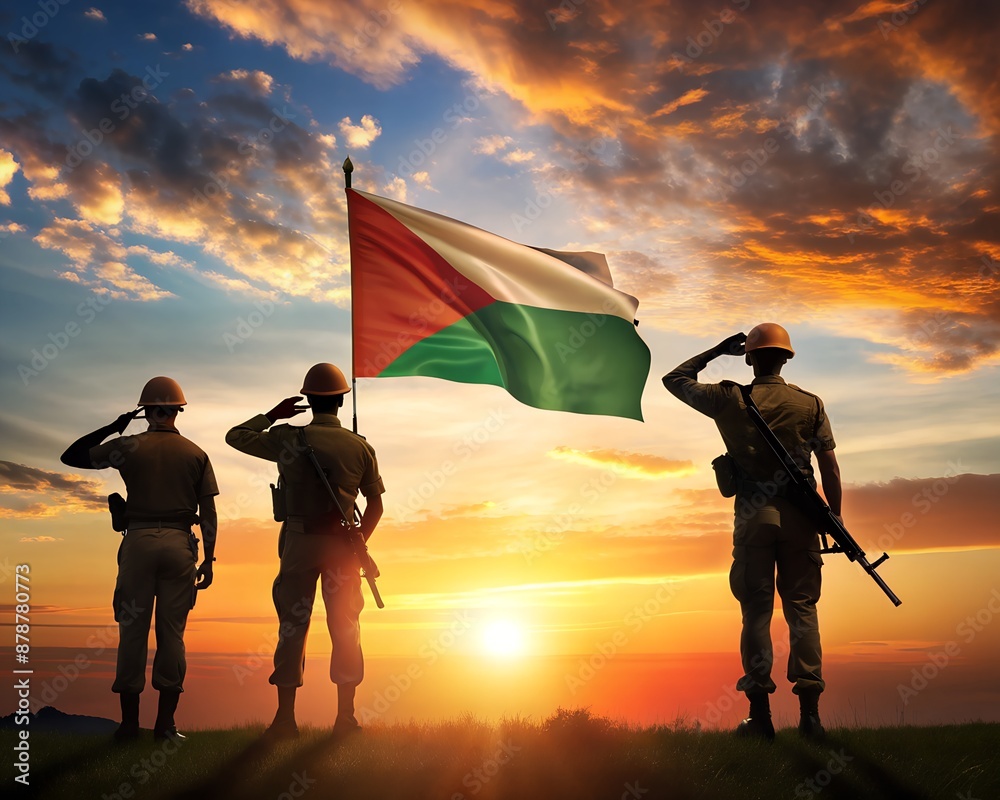 Silhouettes of soldiers with a background of the Madagascar flag and a ...