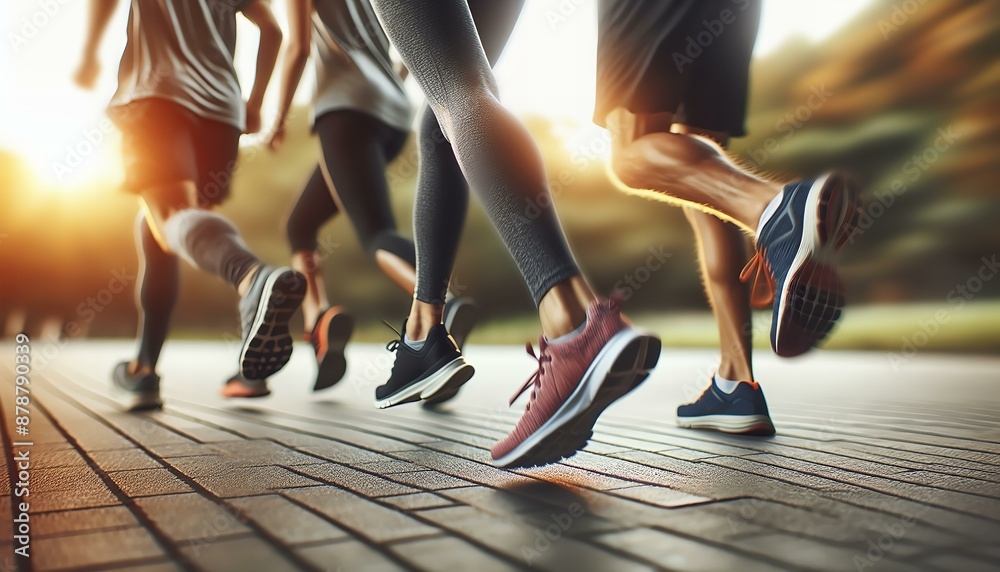 A group of runners bonding over a leisurely sport, their feet in sync ...