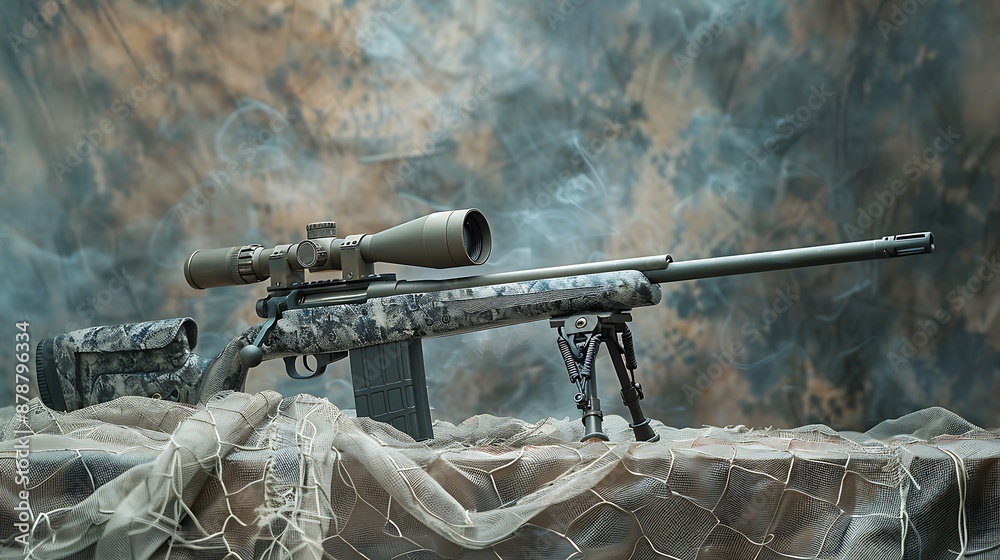 Smoky background of a sniper rifle atop a camouflage net in a studio ...