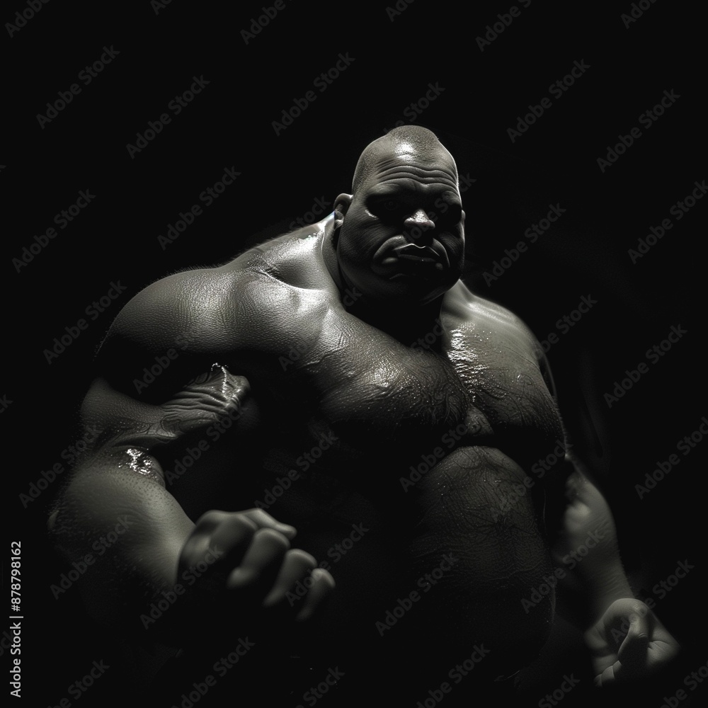 A heavyset, intimidating thug with a scary face stands in the shadows ...
