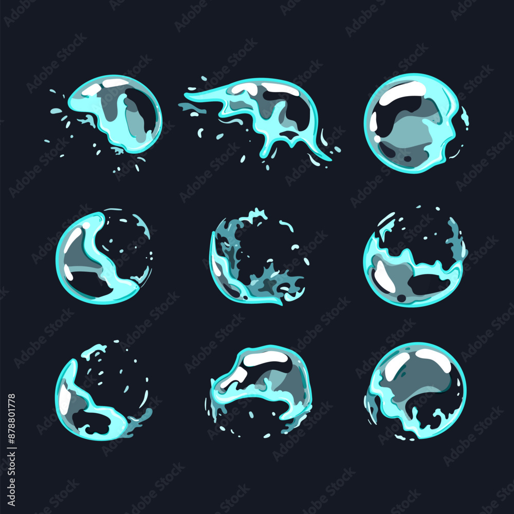 soap bubble explosion set cartoon. water explode, ball sequence, foam ...