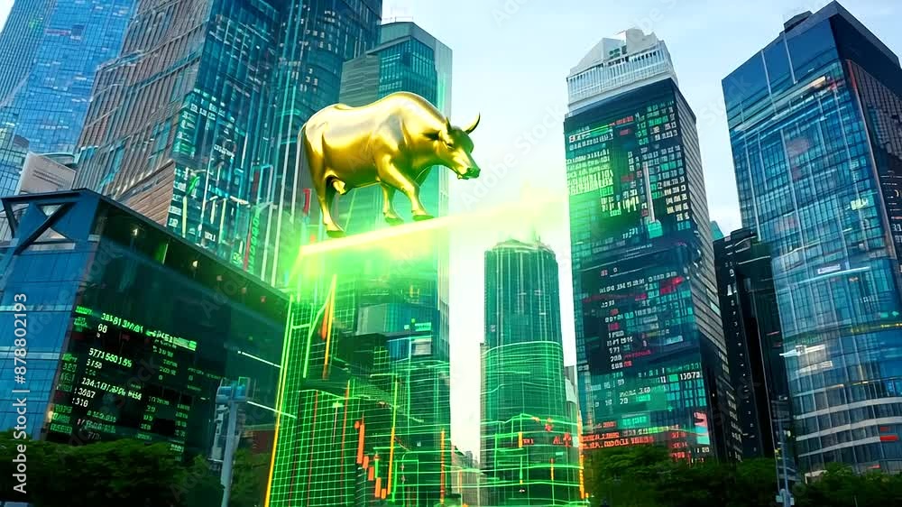 Dynamic financial chart rising amidst towering skyscrapers, symbolizing ...