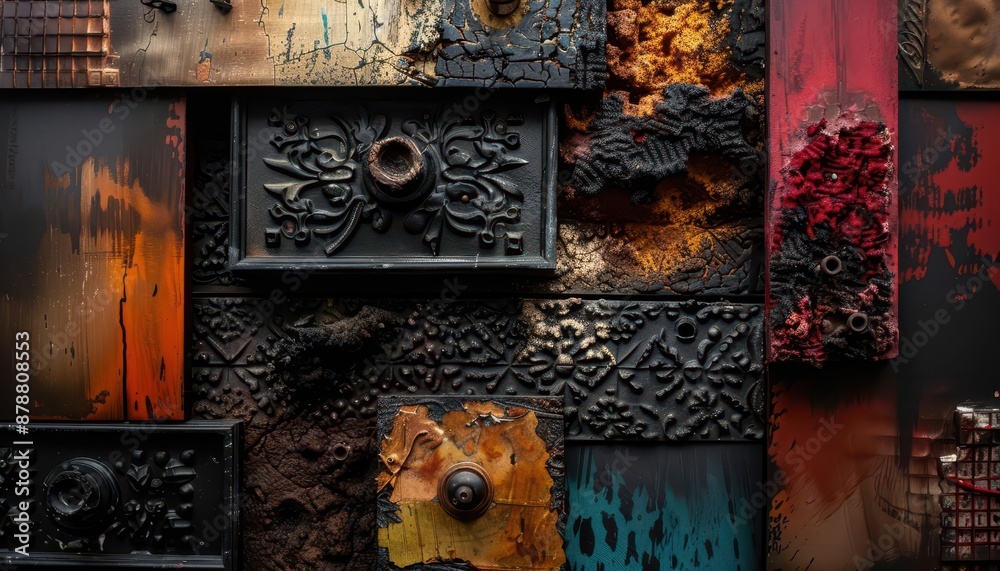Mixed media art installation, layers of textures and materials creating ...