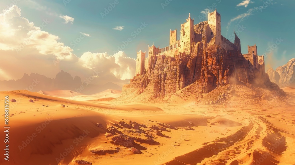 A vast desert landscape is portrayed in an animated movie still with ...