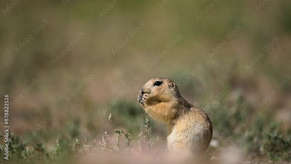 Prairie dog emerges from its burrow to eat fresh green grass ...