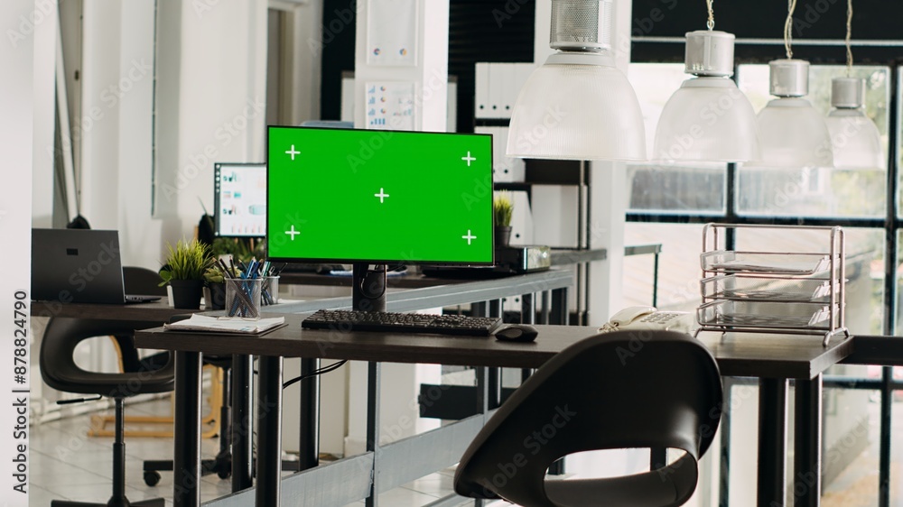 Greenscreen monitor in coworking space running on desk, open floor plan ...