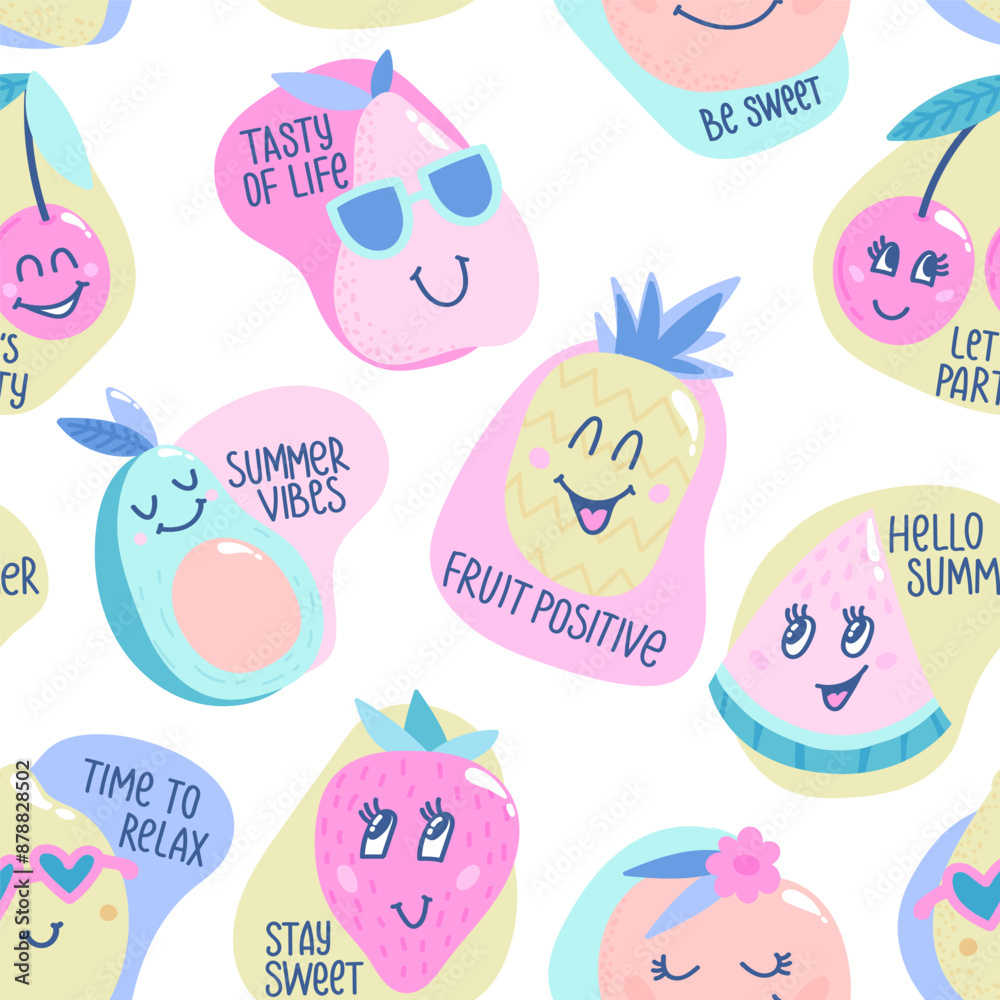 Fashion tropics funny wallpapers. Seamless pattern of fruits stickers ...