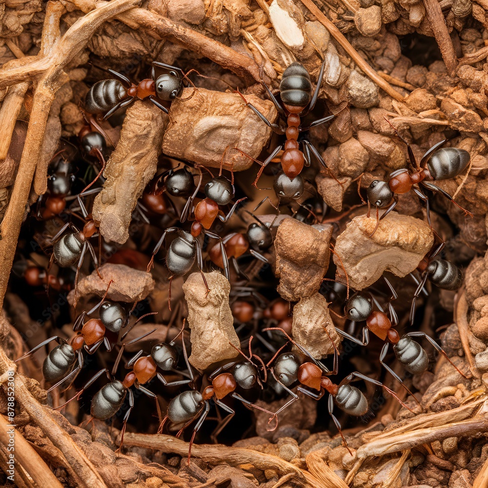 Detailed macro photo of ants collaborating and building within their ...
