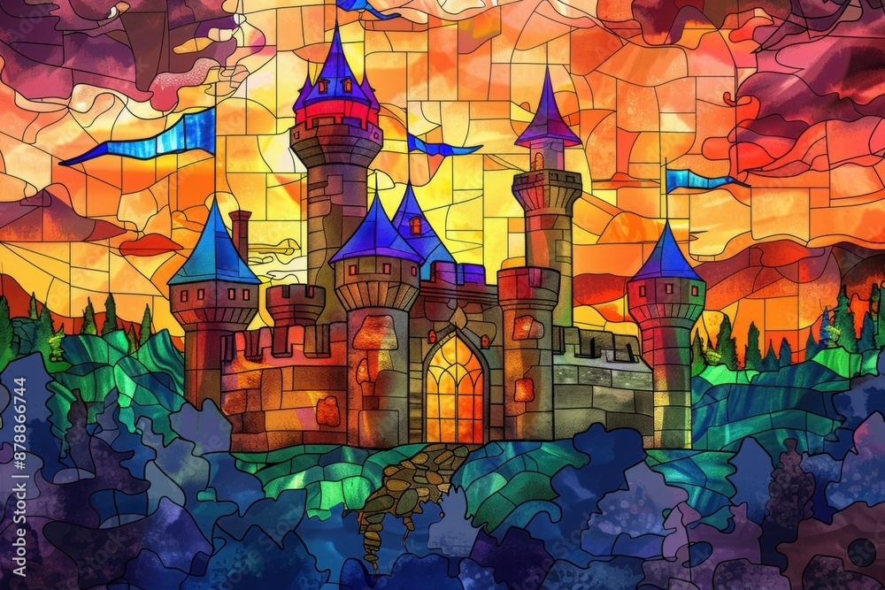 Stained glass window of a medieval castle with turrets and flags at ...