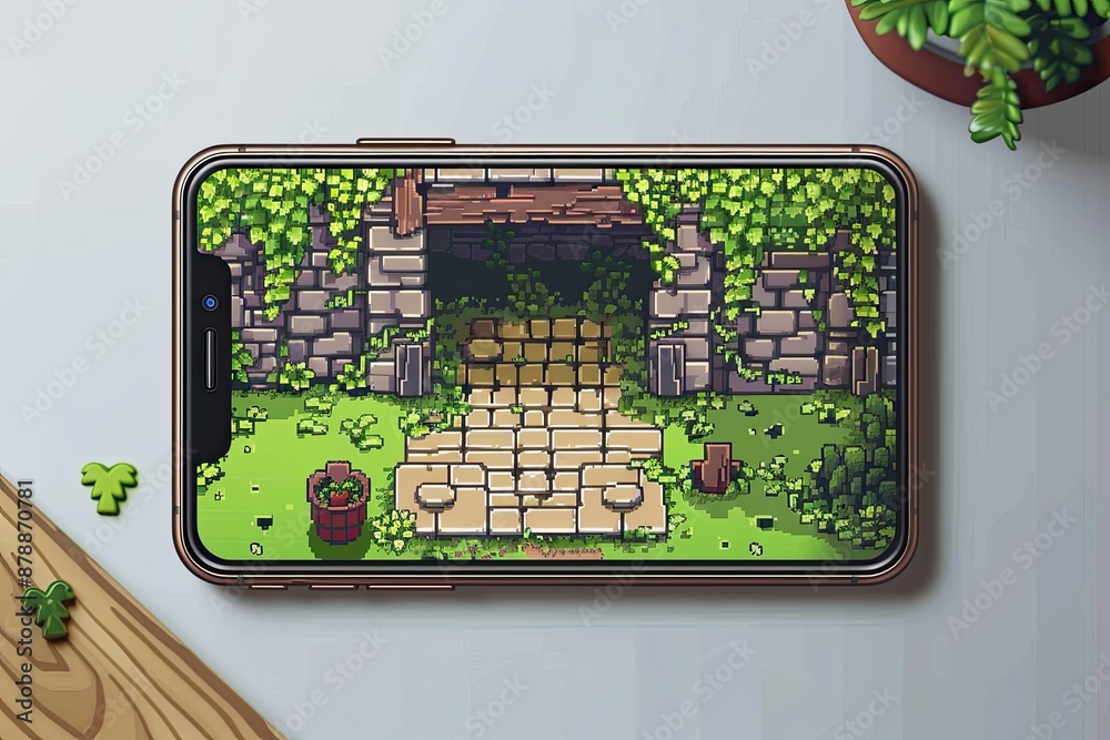 Pixel art mobile game dungeon entrance with overgrown ruins Stock Photo ...