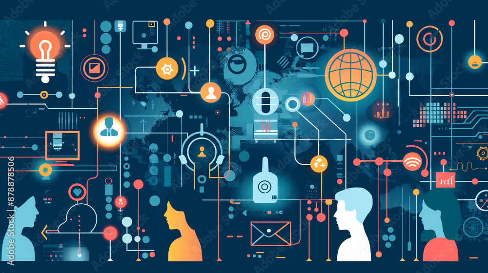 Vibrant icons and diagrams connect in a complex network, depicting a ...